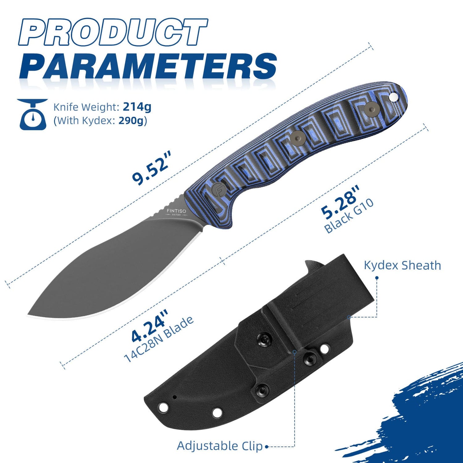 Black Blue 4.24" Nessmuk-style Fixed Blade Knife with Kydex Sheath | 1 ...